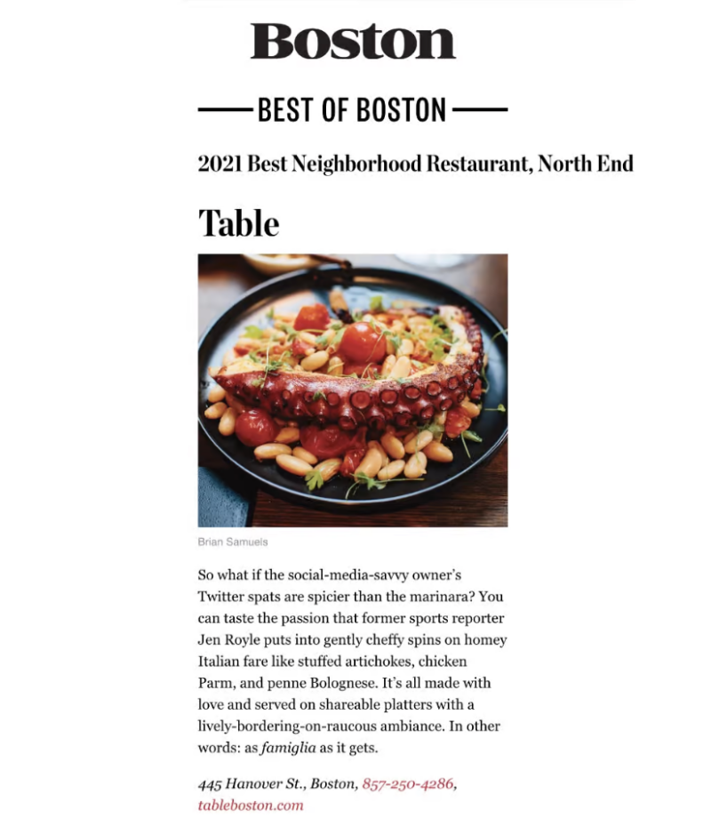 Table North End Boston Press & Media